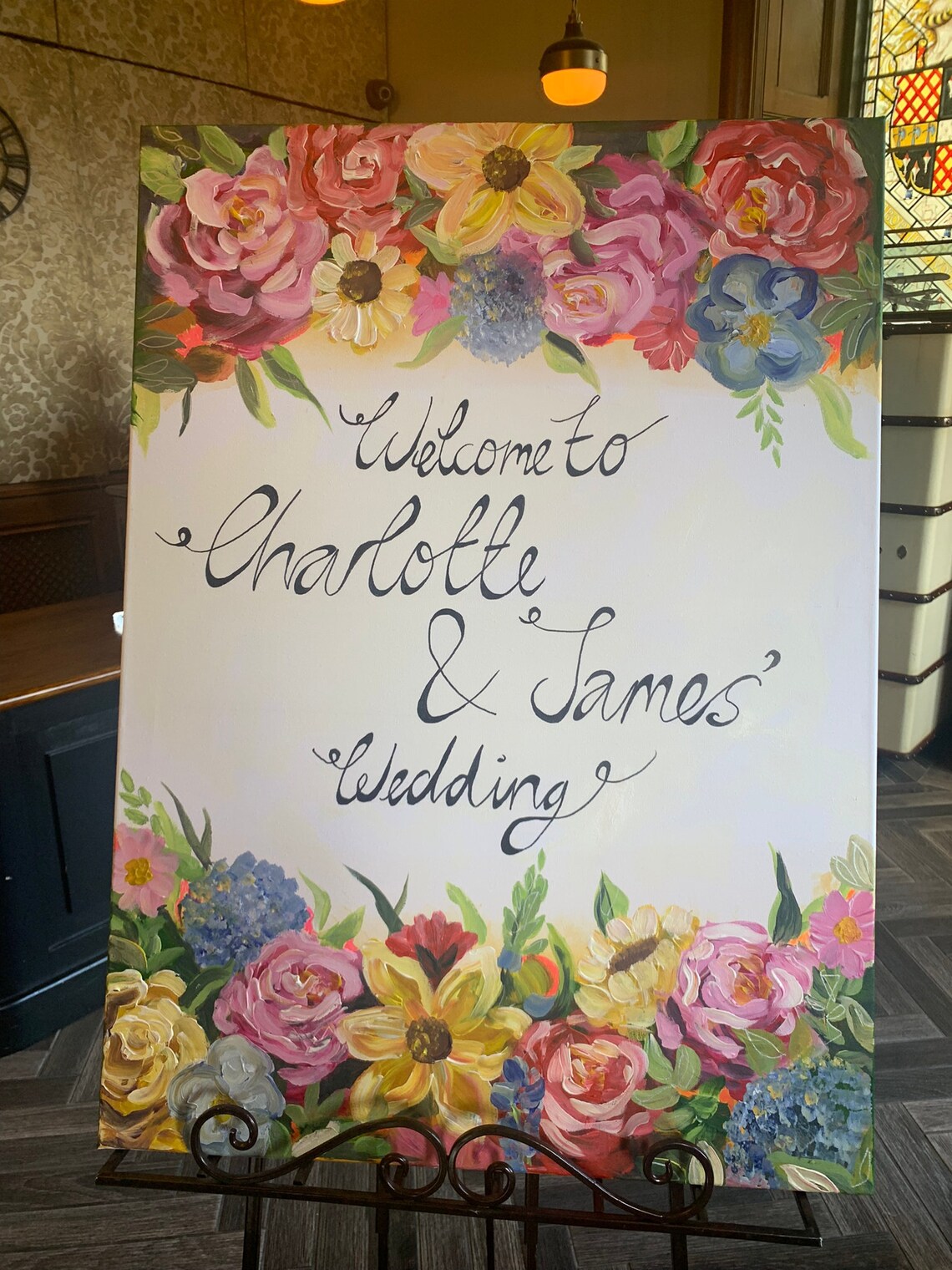Hand Painted Welcome Wedding Sign and Table Plans, Canvas, Floral ...