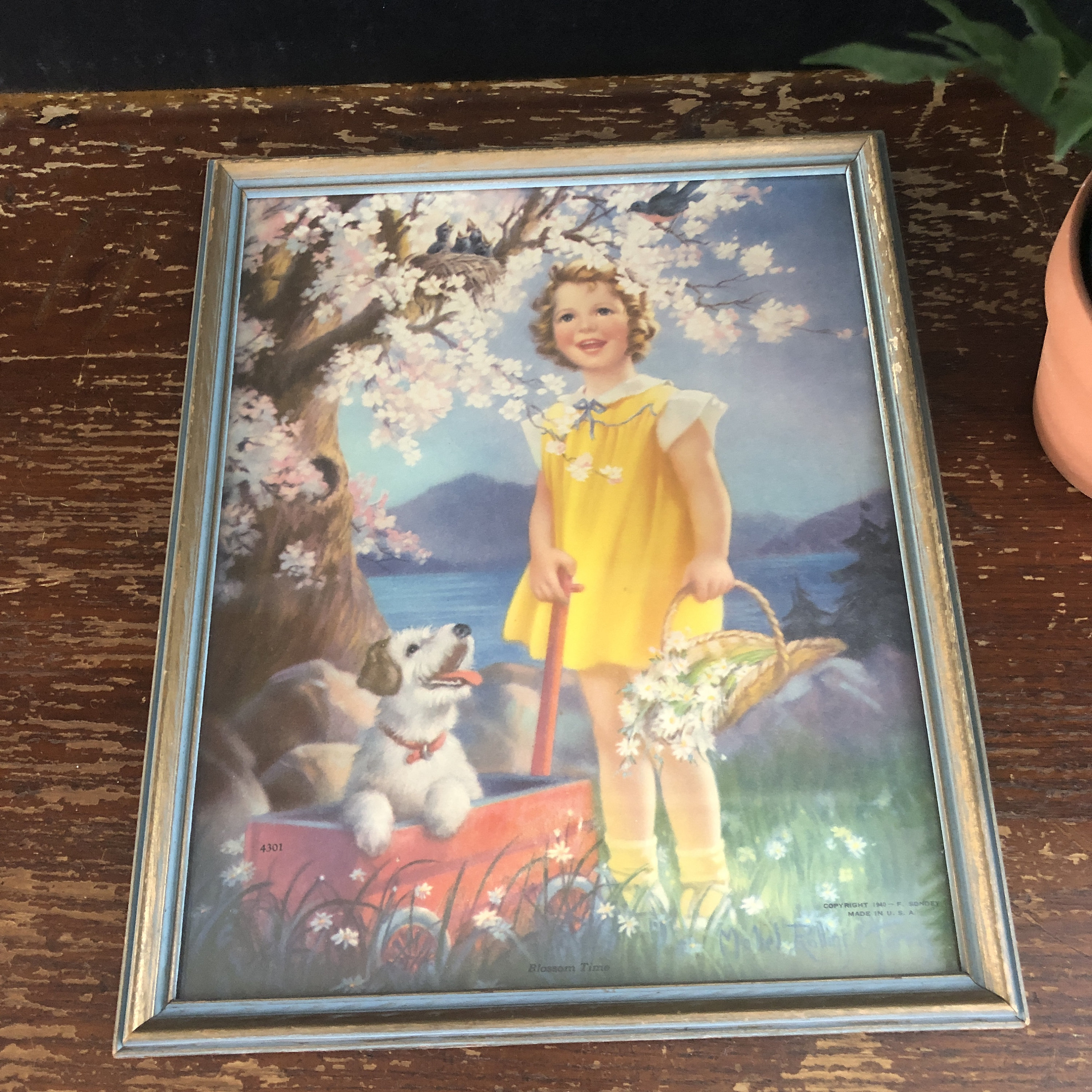 Vintage Framed Art Mabel Rollins Harris Original Print "blossom Time" 1940's Little Girl With ...