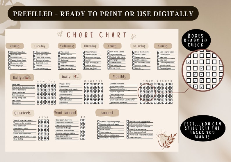 Boho Style Adult Chore Chart for Adults ADHD Chore Chart Cleaning ...