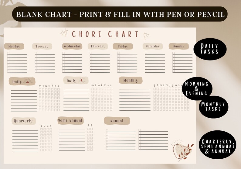 Boho Style Adult Chore Chart for Adults ADHD Chore Chart Cleaning ...