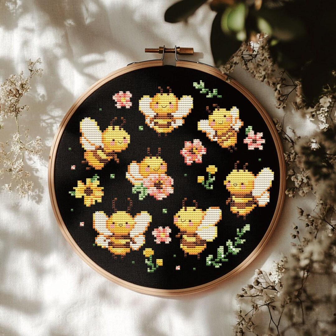 Flower Bees Cross Stitch Pattern PDF - Insect Cute Kawaii Floral Easy Modern Simple Bumblebee ...
