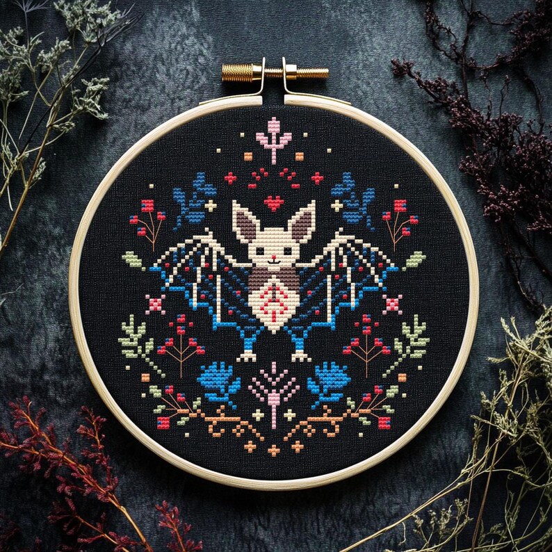 Floral Bat Cross Stitch Pattern PDF | Gothic Halloween Embroidery PDF ...