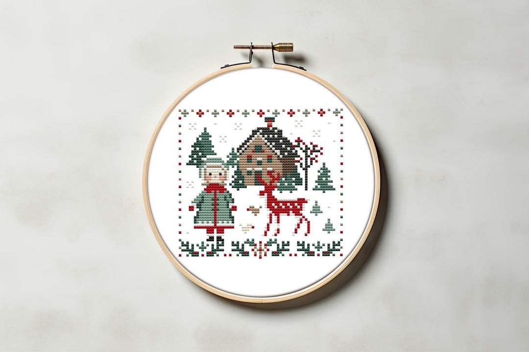 Small Christmas Cross Stitch Pattern PDF - Primitive Girl Deer House ...