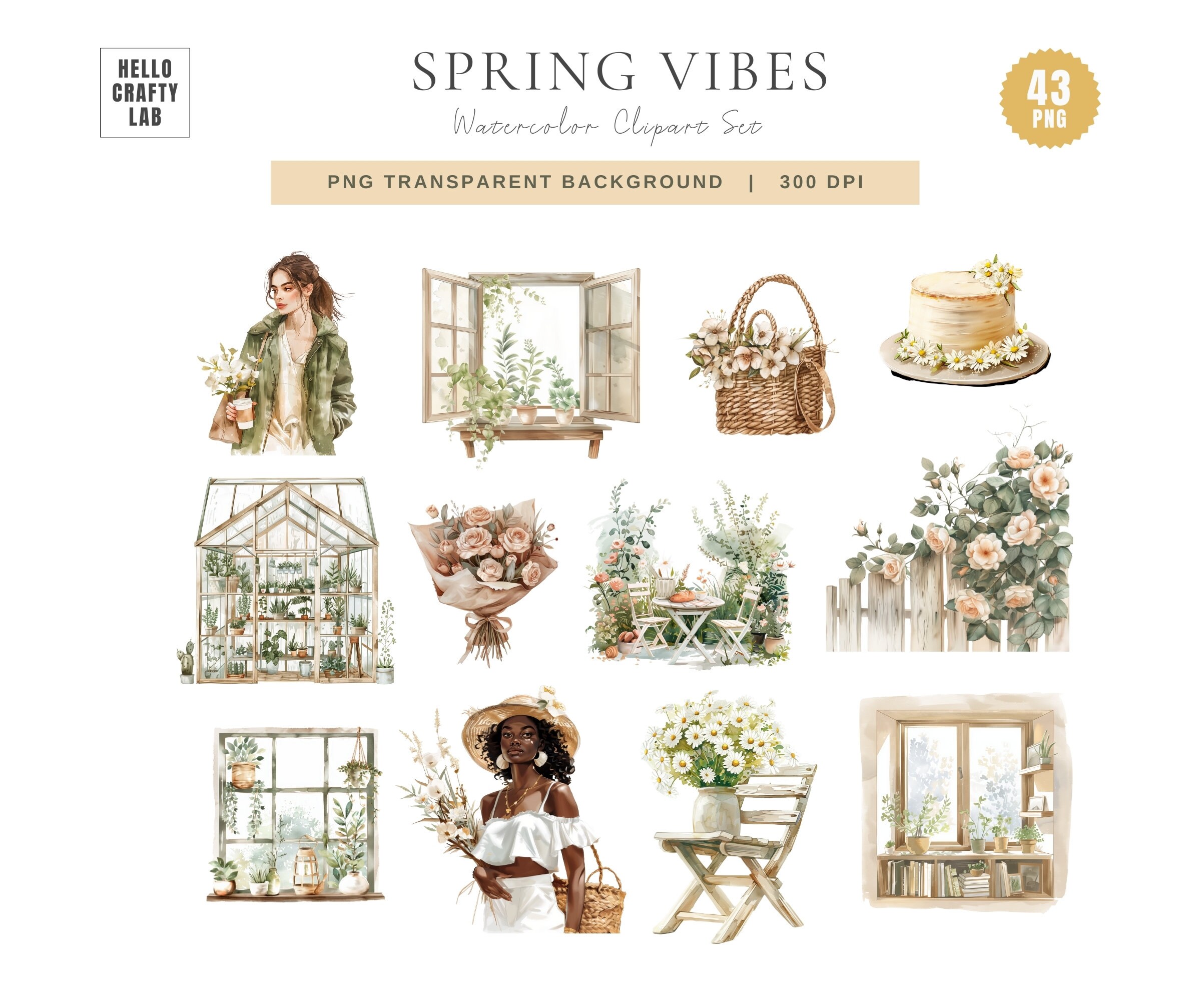 Watercolor Green Spring Clipart, Cozy Spring Clip Art, Floral Graphics ...