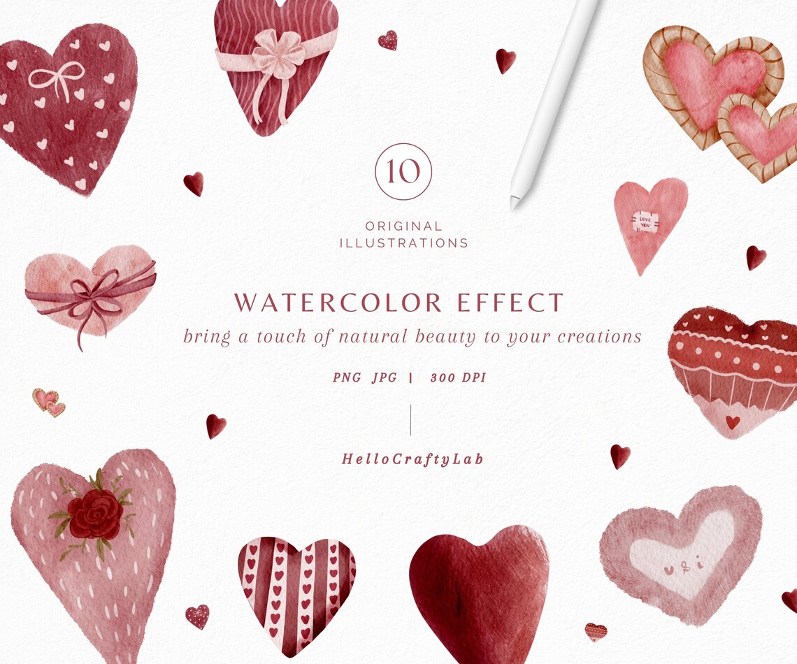 Cozy Hearts Clipart Watercolor Valentine Hearts Sticker Hearts Wedding Clipart Pink Sweet ...