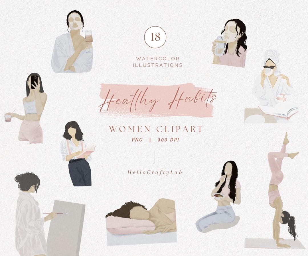 Watercolor Women Clipart Healthy Habits Self Care Routine Workout Cozy ...