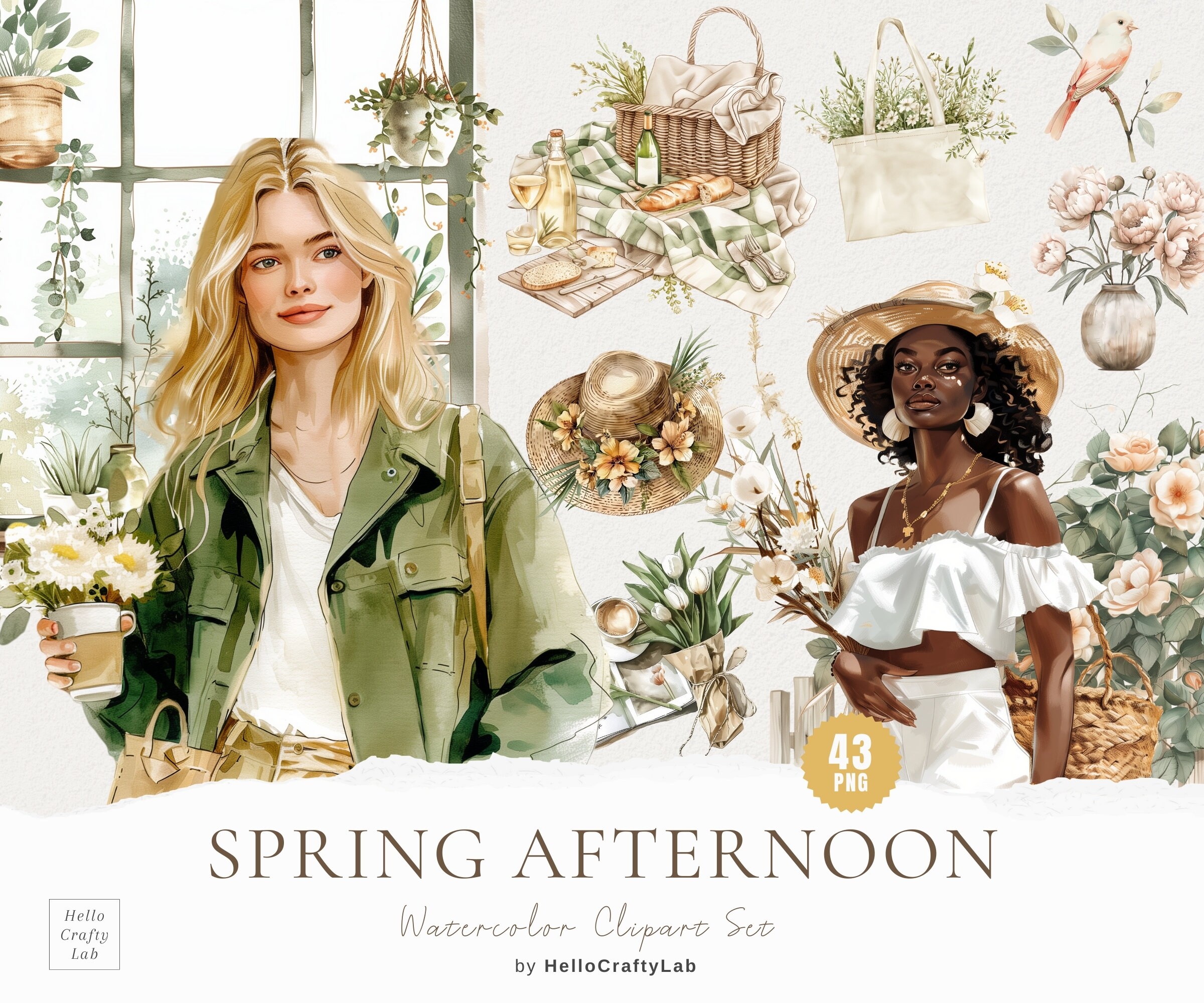 Watercolor Green Spring Clipart, Cozy Spring Clip Art, Floral Graphics ...