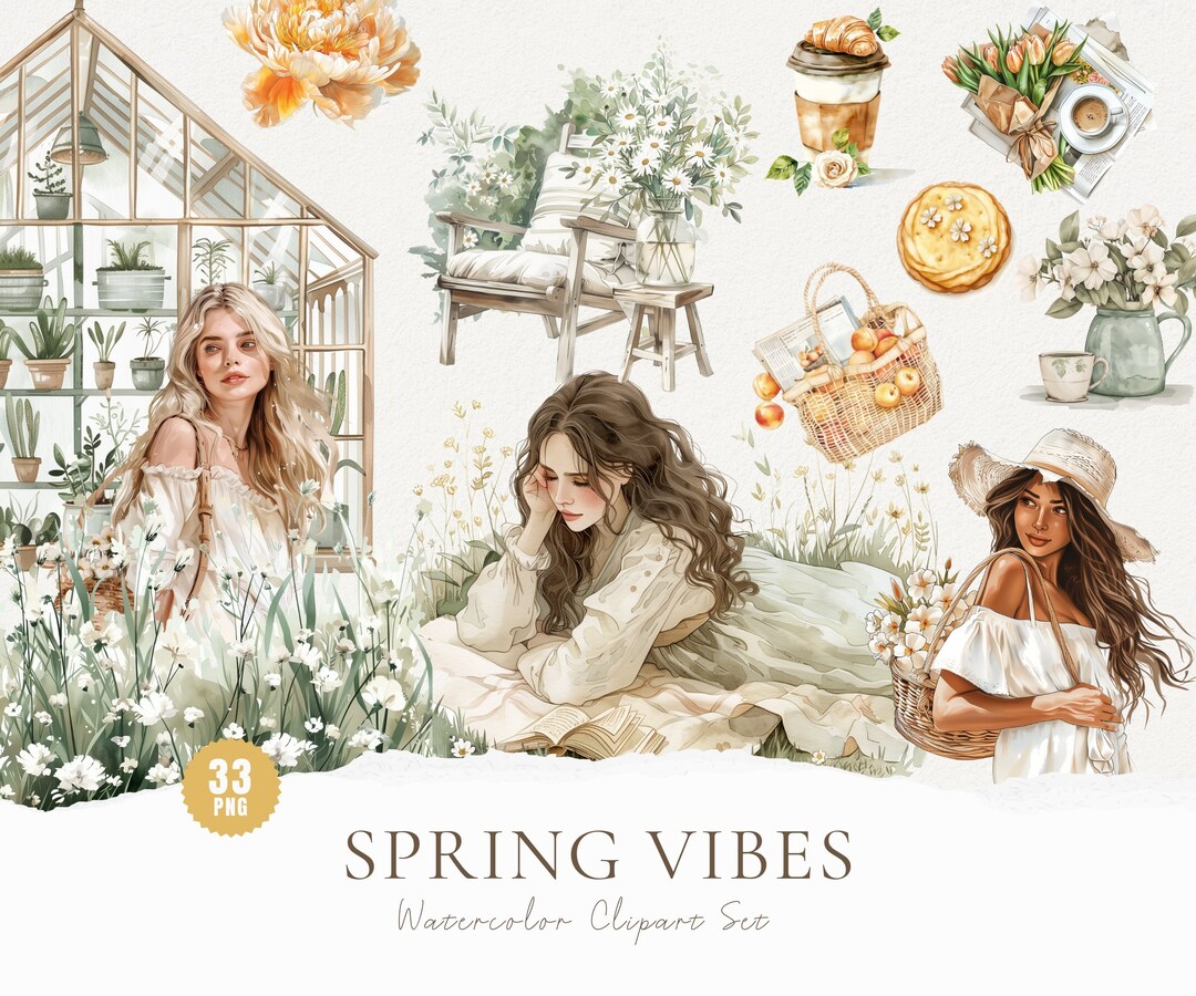 Watercolor Spring Season Clipart, Cozy Spring Clip Art, Floral Graphics ...