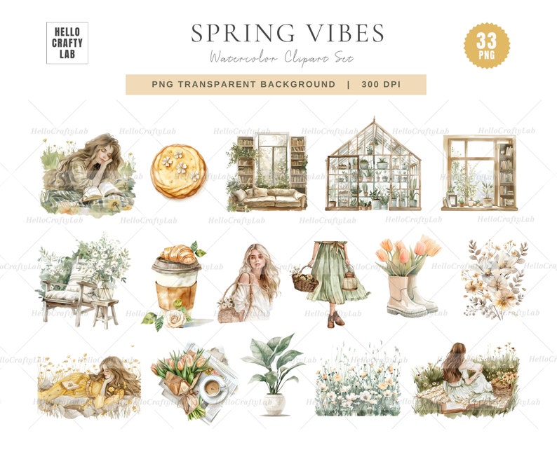 Watercolor Spring Season Clipart, Cozy Spring Clip Art, Floral Graphics ...