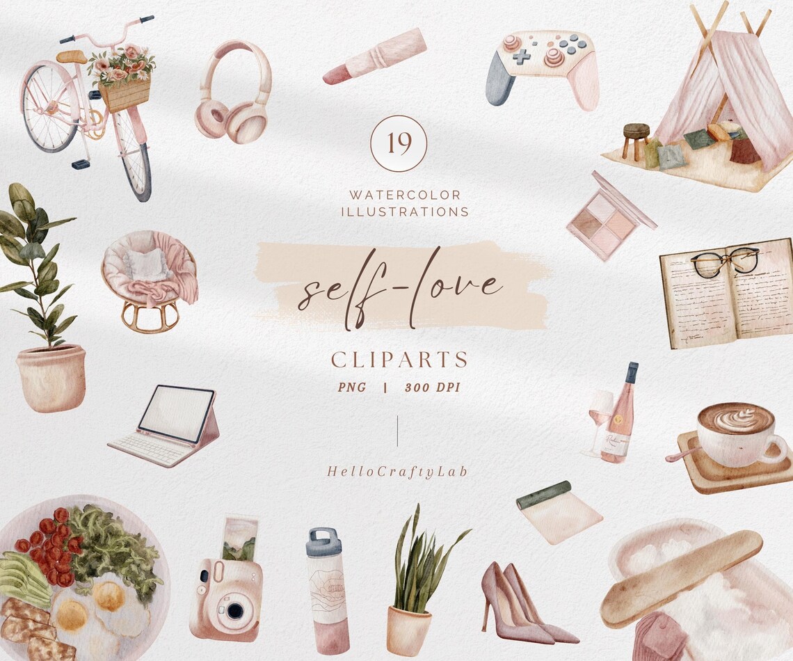 Watercolor Self Love Clipart, Workout Clipart, Cozy Clipart, Relaxing ...