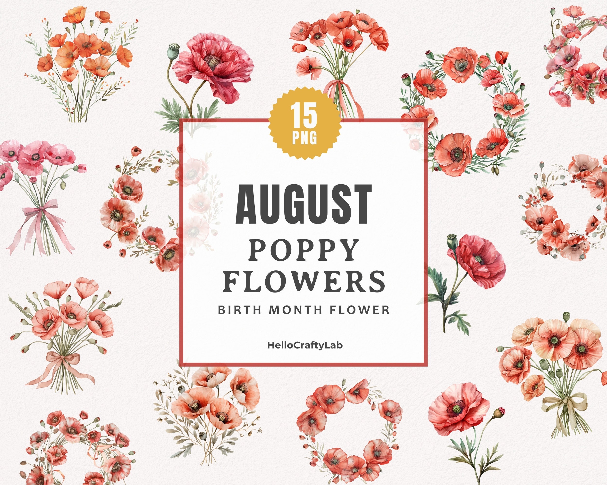 Birth Month Flowers, August Flowers, Poppy Watercolor Flowers, PNG ...