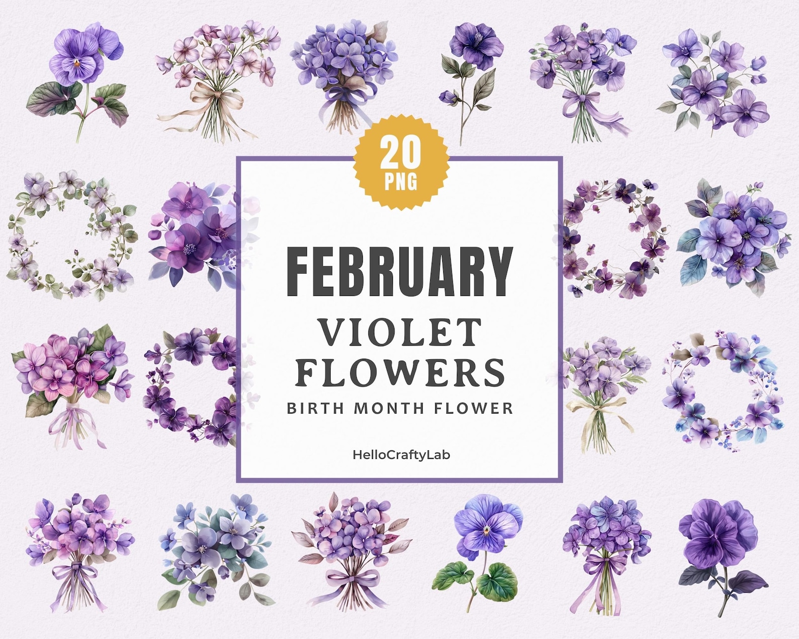 Birth Month Flowers, Violet Florals PNG, Watercolor Flowers, Birth ...
