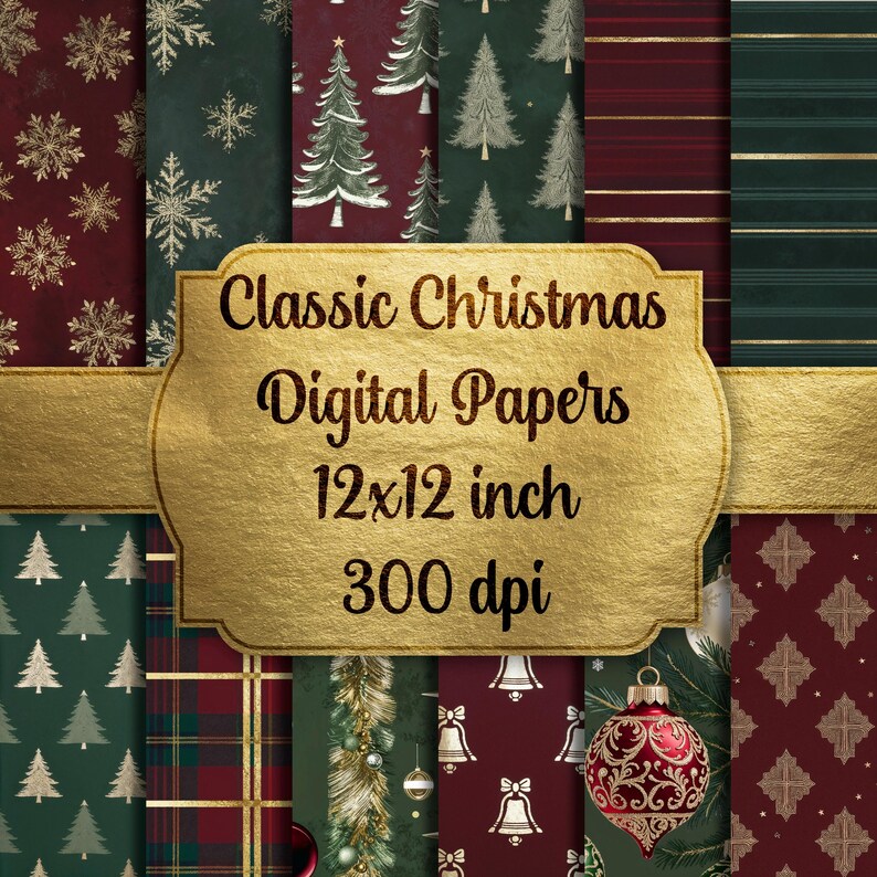 Classic Christmas Digital Paper - 12x12 Inches, 3600x3600 Pixels, 300 ...