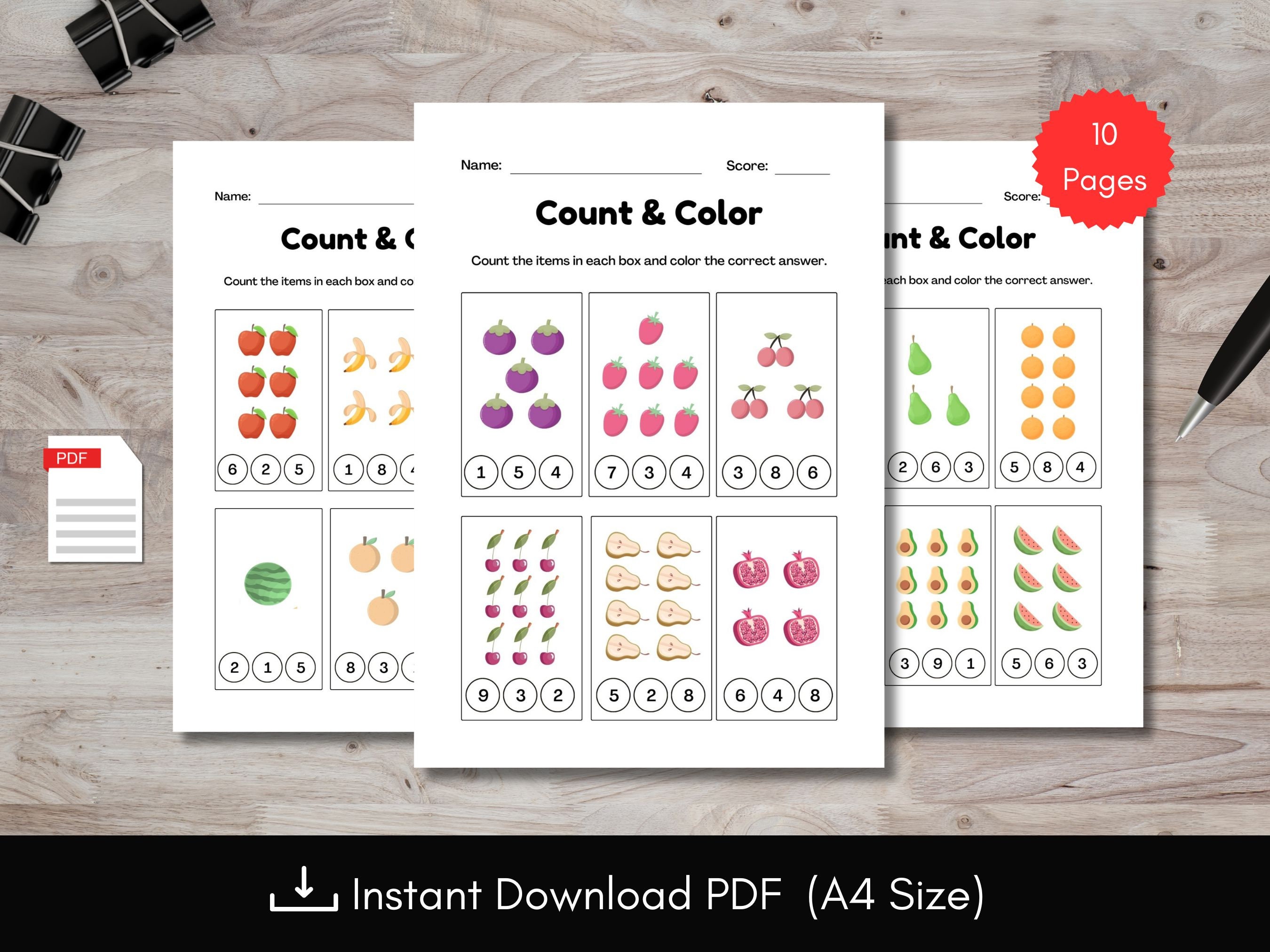 Fun Fruits Counting Worksheets, Colour the Number Worksheets, Develop ...