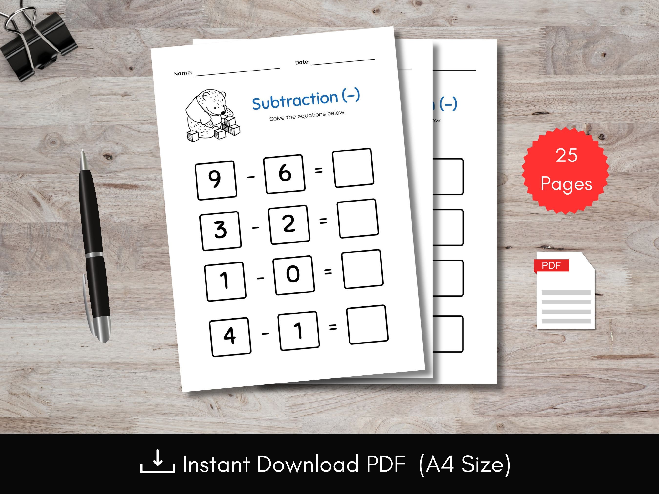 Easy Cute Bear Subtraction Worksheets for Kids, Subtracting Numbers ...