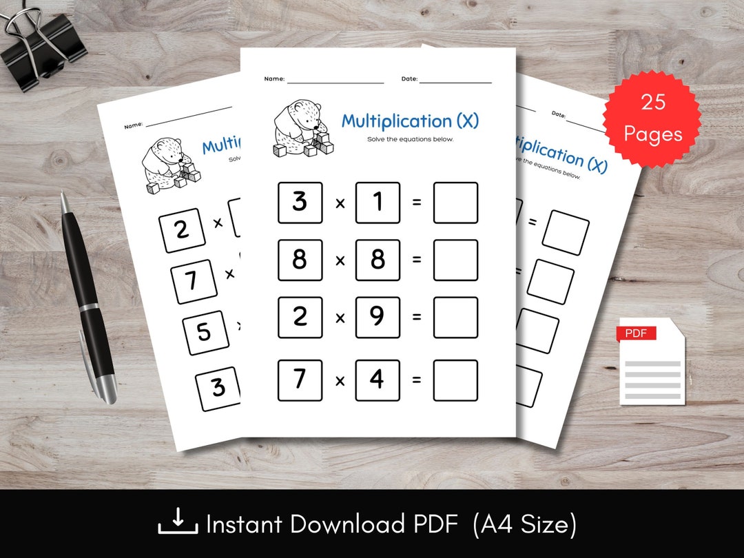 Easy Cute Bear Horizontal Math Multiplication Worksheets, Mathematics ...