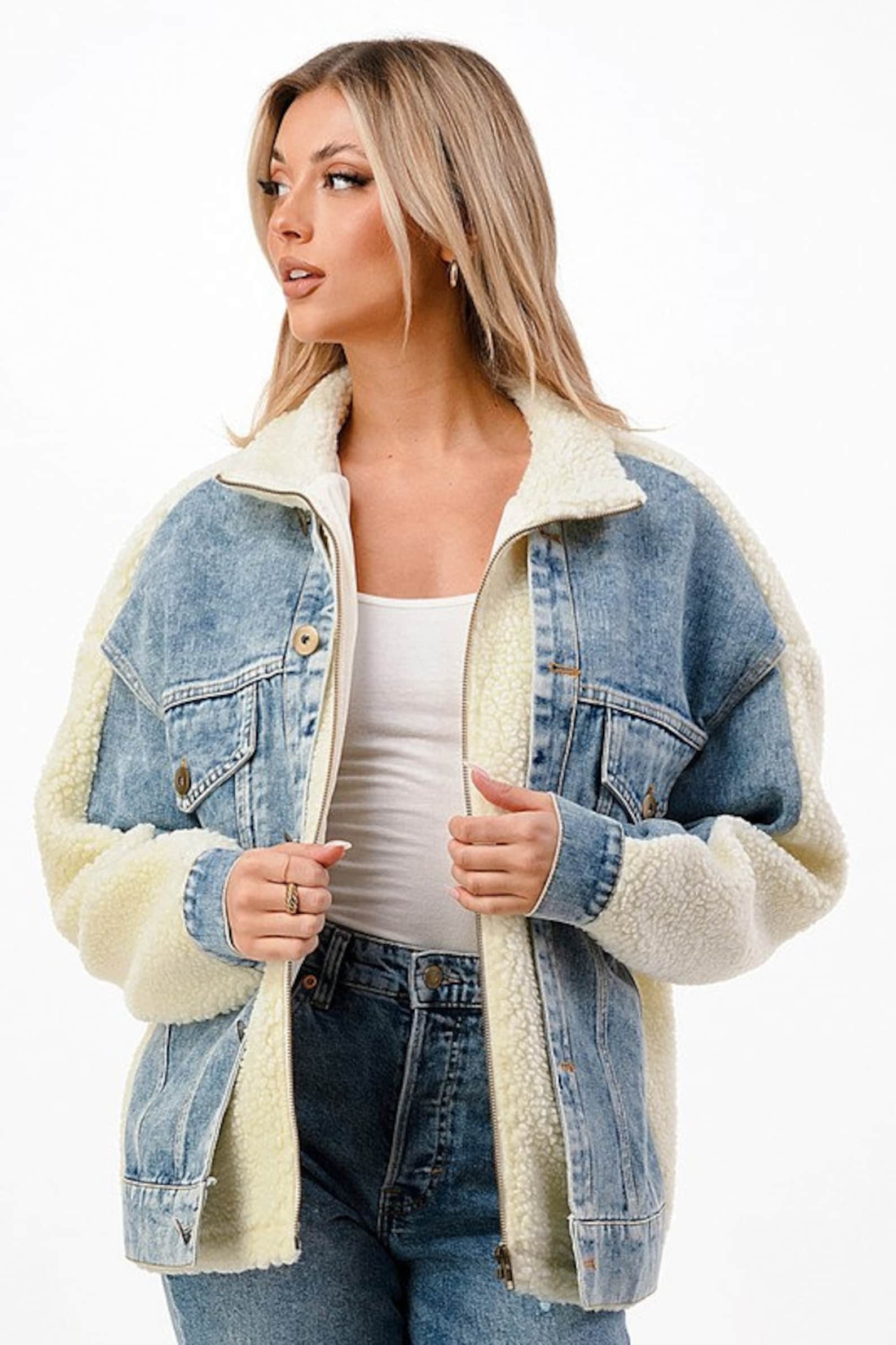 Light Wash Denim Faux Shearling Jacket. Oversized Design, Long Sleeve ...