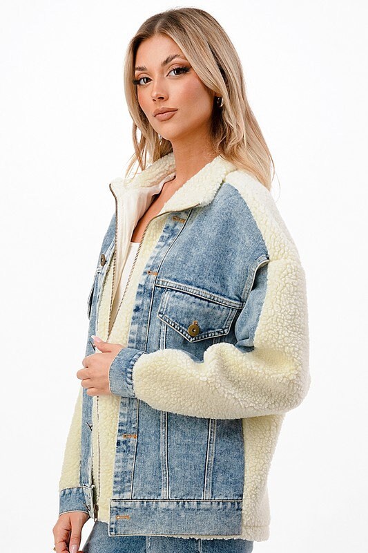 Light Wash Denim Faux Shearling Jacket. Oversized Design, Long Sleeve ...