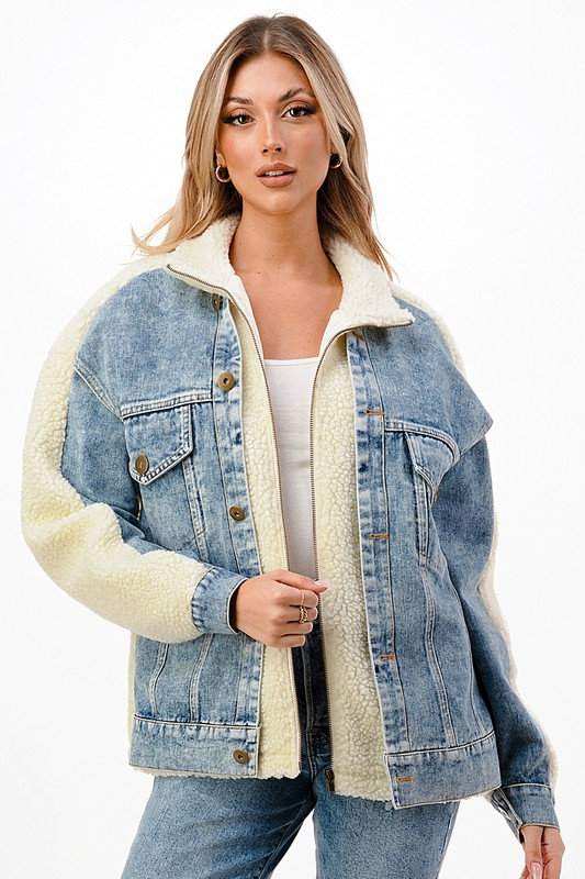 Light Wash Denim Faux Shearling Jacket. Oversized Design, Long Sleeve ...
