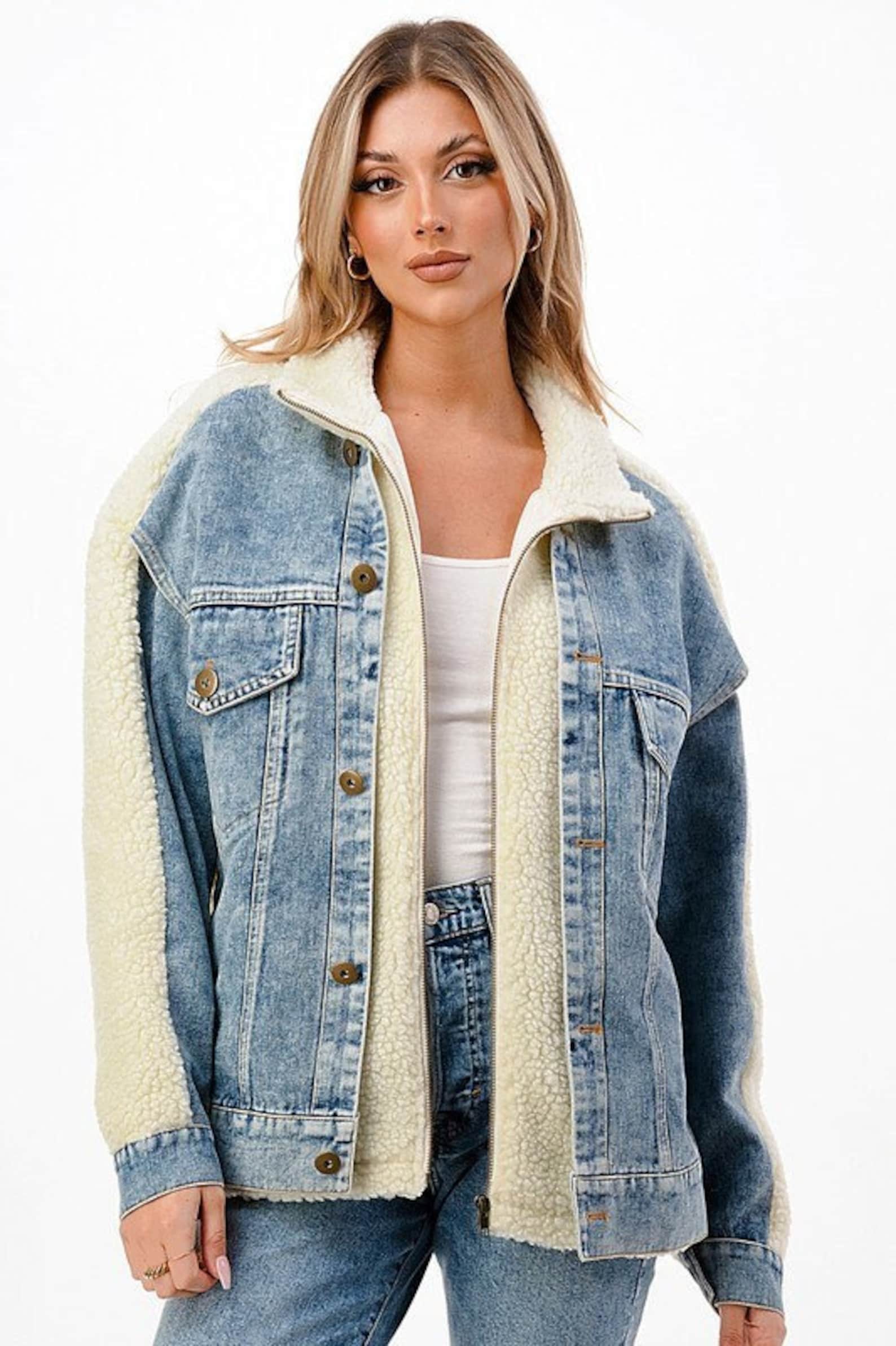 Light Wash Denim Faux Shearling Jacket. Oversized Design, Long Sleeve ...