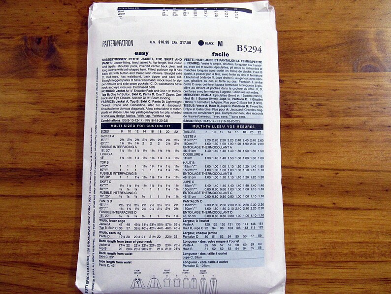 Butterick 5294 Sewing Pattern for Misses Jacket, Top, Skirt, Pants in ...