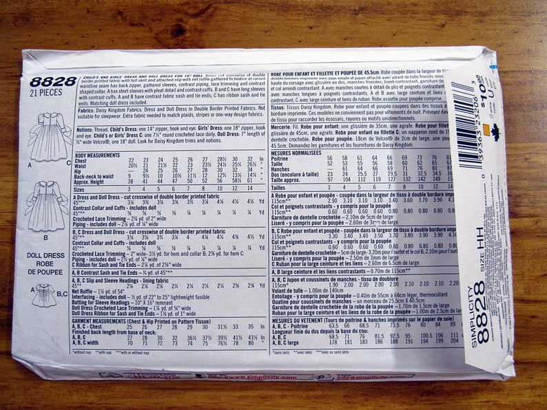 Simplicity 8828 Sewing Pattern for Child's Dress and 18 Doll Dress ...