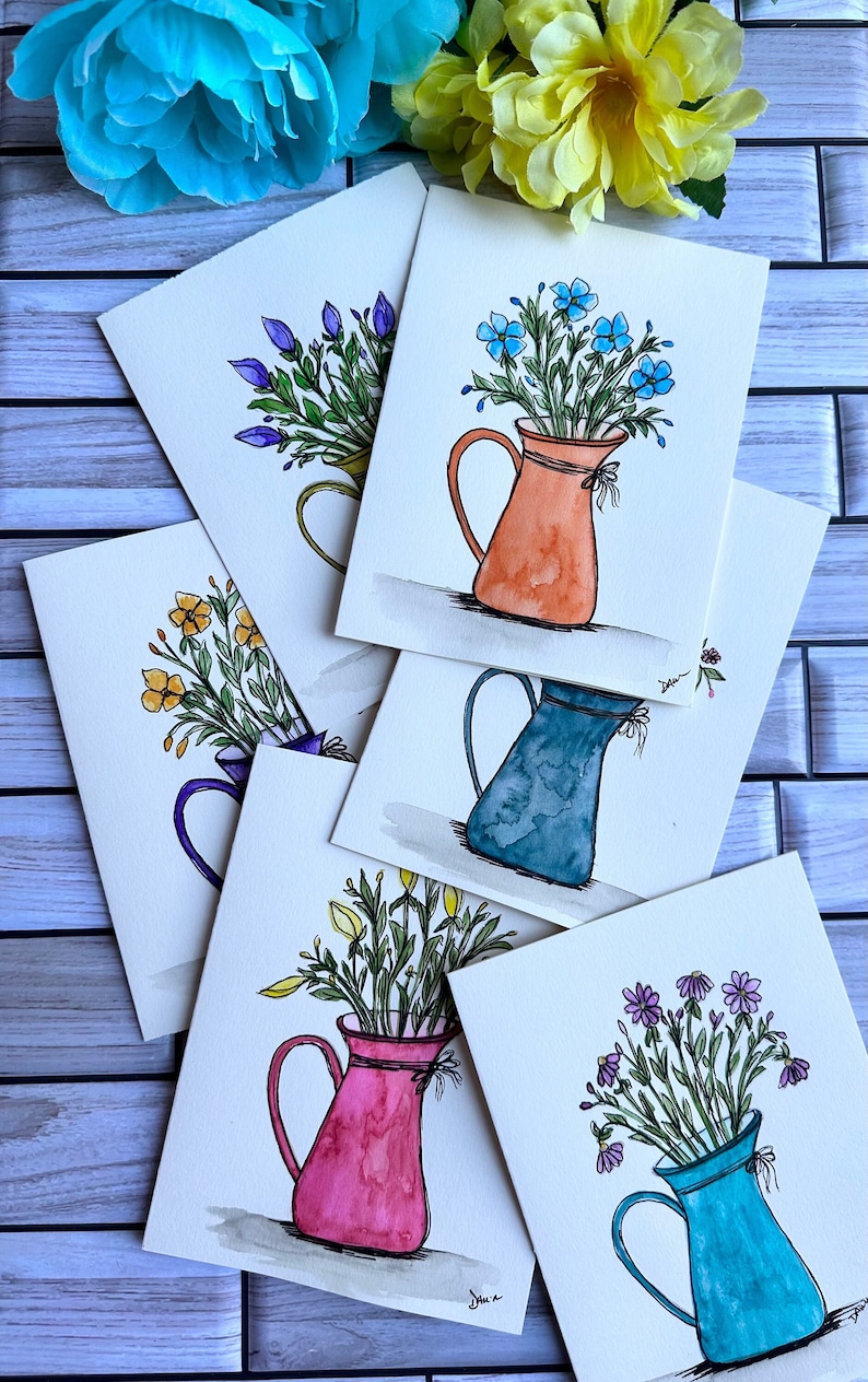 Set of 6 Original Hand Painted ,watercolor, Water Jug and Wildflowers ...