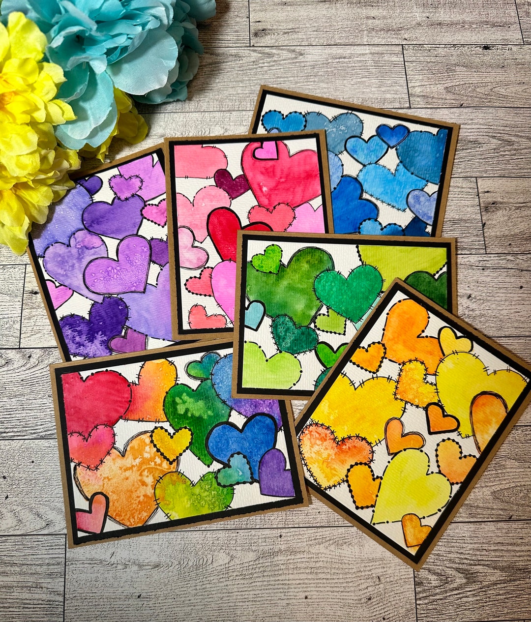 Heart Love, Set of 6, Original Hand Painted, Watercolor, Hearts, Blank ...