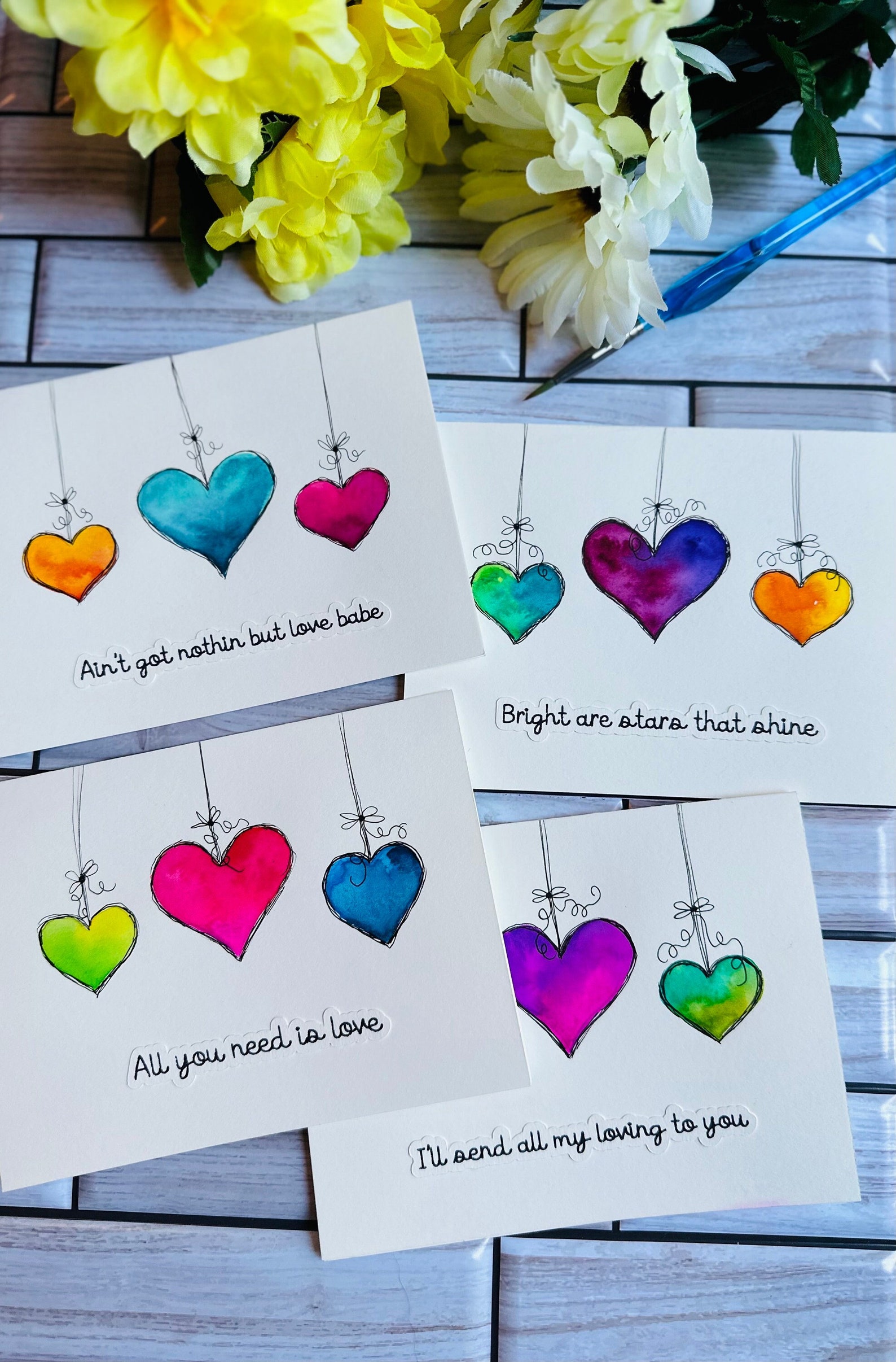 Beatles Love, Set of 4 Original Hand Painted, Watercolor, Blank Cards 4 ...