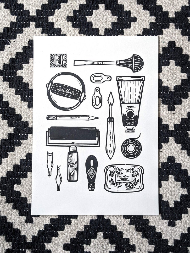 TOOLKIT Linocut Print UNFRAMED, 21x29.7cm Handprinted Medium Wall Art of Linocut Tools for Art ...