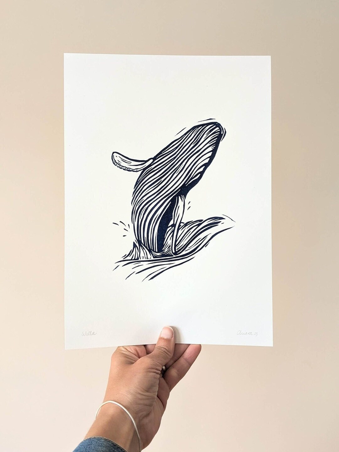 WILLA WHALE — Linocut Print (UNFRAMED), 21x29.7cm — Handprinted Medium ...