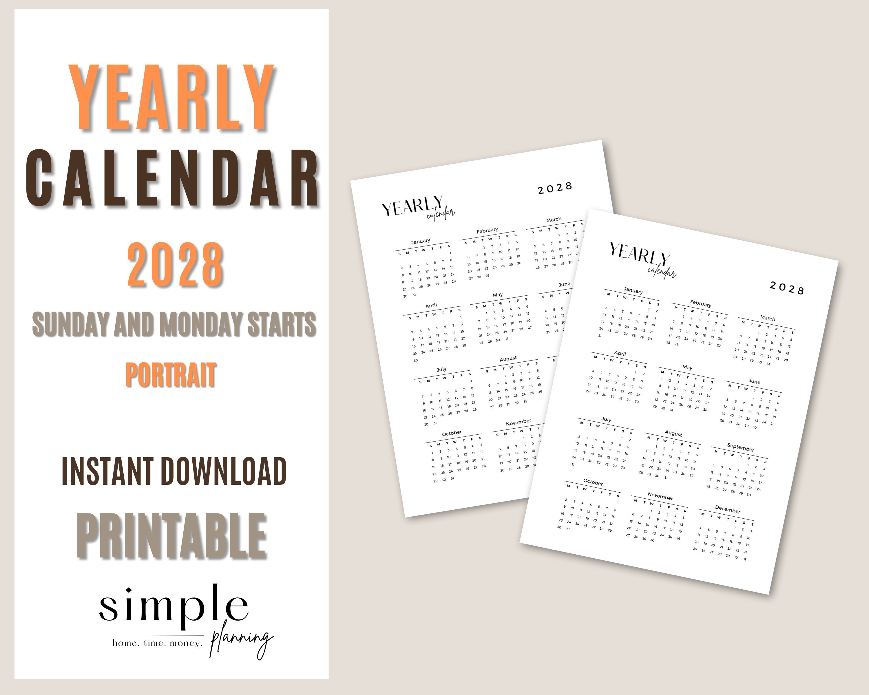 2028 Year Calendar Printable: Minimalist Portrait & Landscape (PDF ...