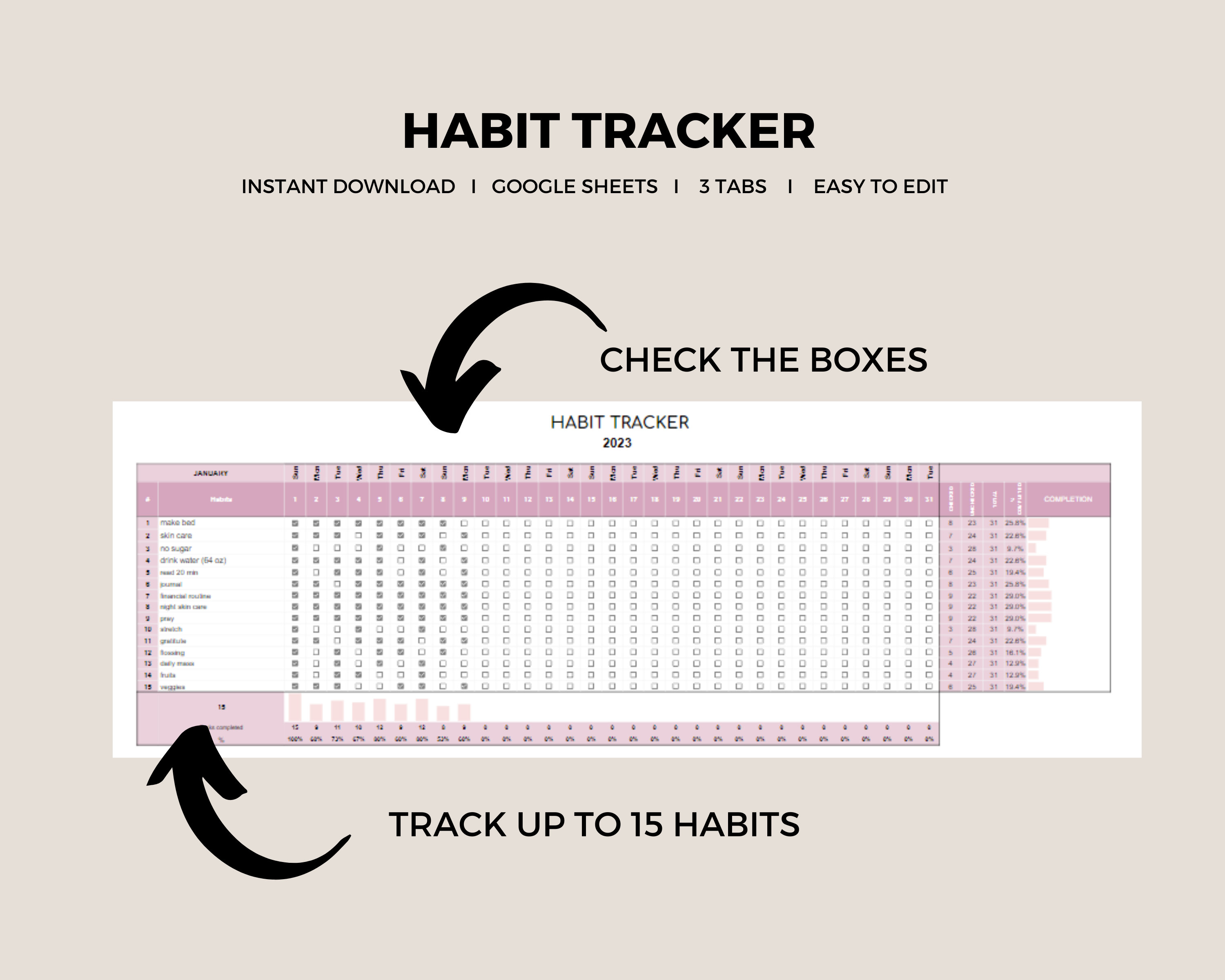 Habit Tracker Spreadsheet, Google Sheet Habit Tracker Template, Habit ...