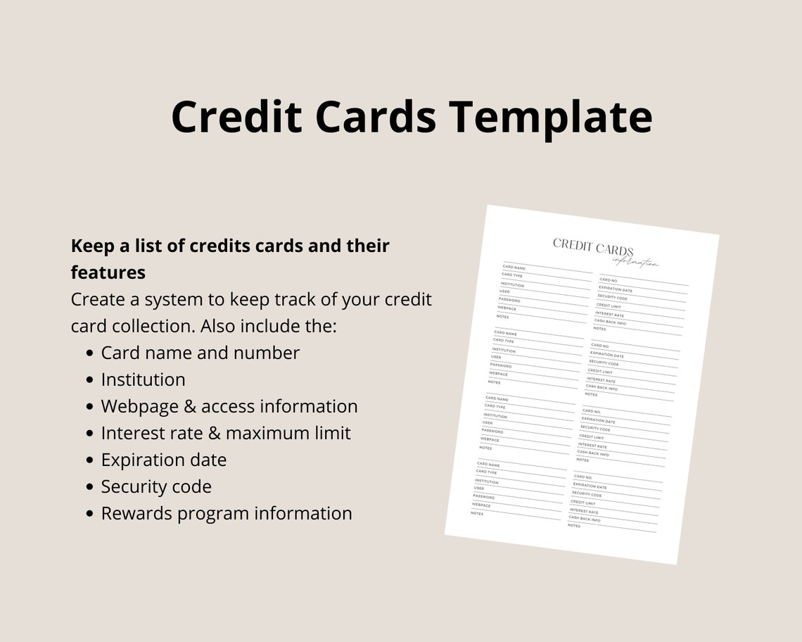 Personal and Financial Information Printable, Credit Cards Information ...