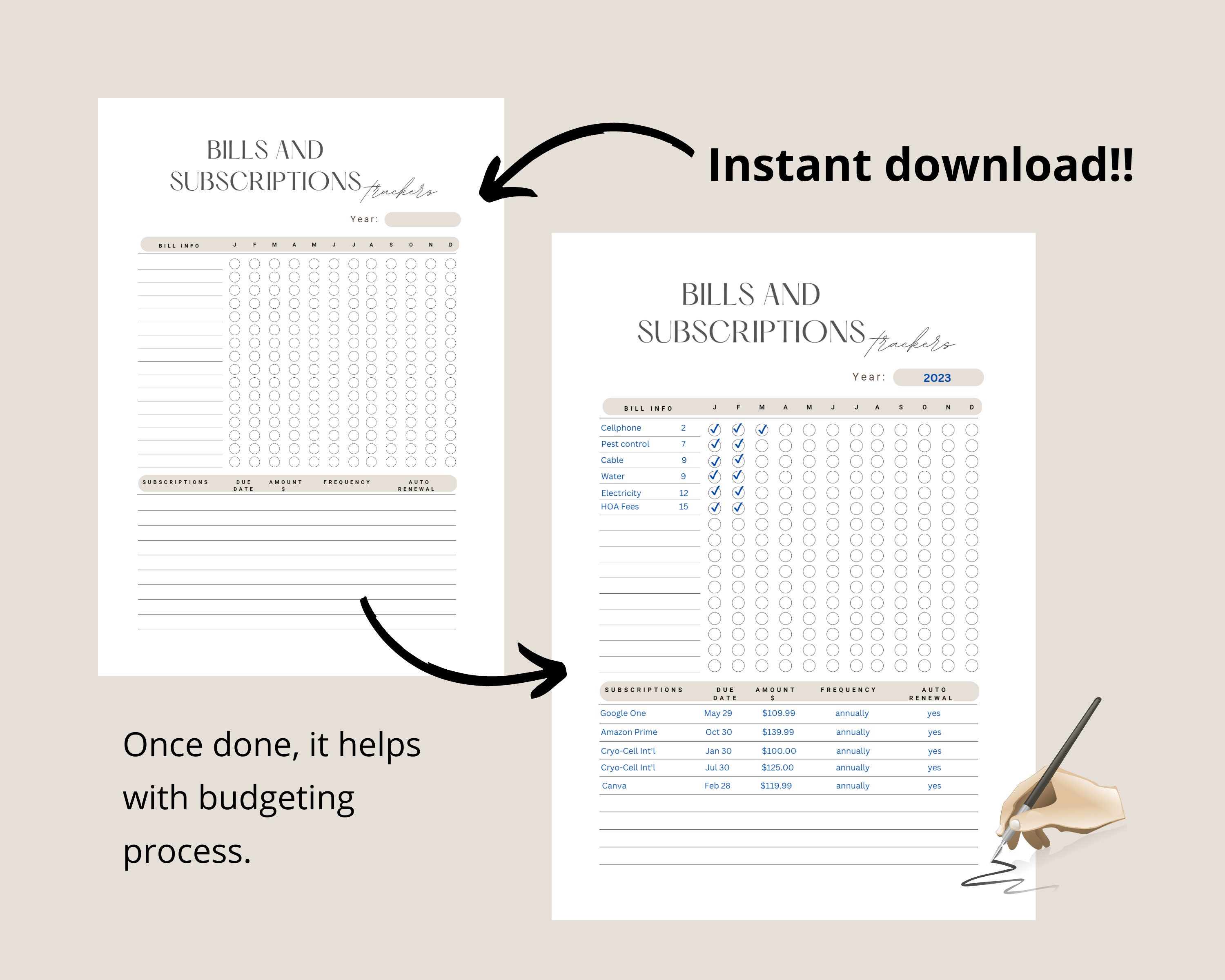Bills & Subscriptions Tracker Printable Subscription Log Expense ...