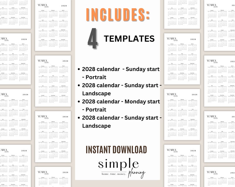 2028 Year Calendar Printable: Minimalist Portrait & Landscape (PDF ...