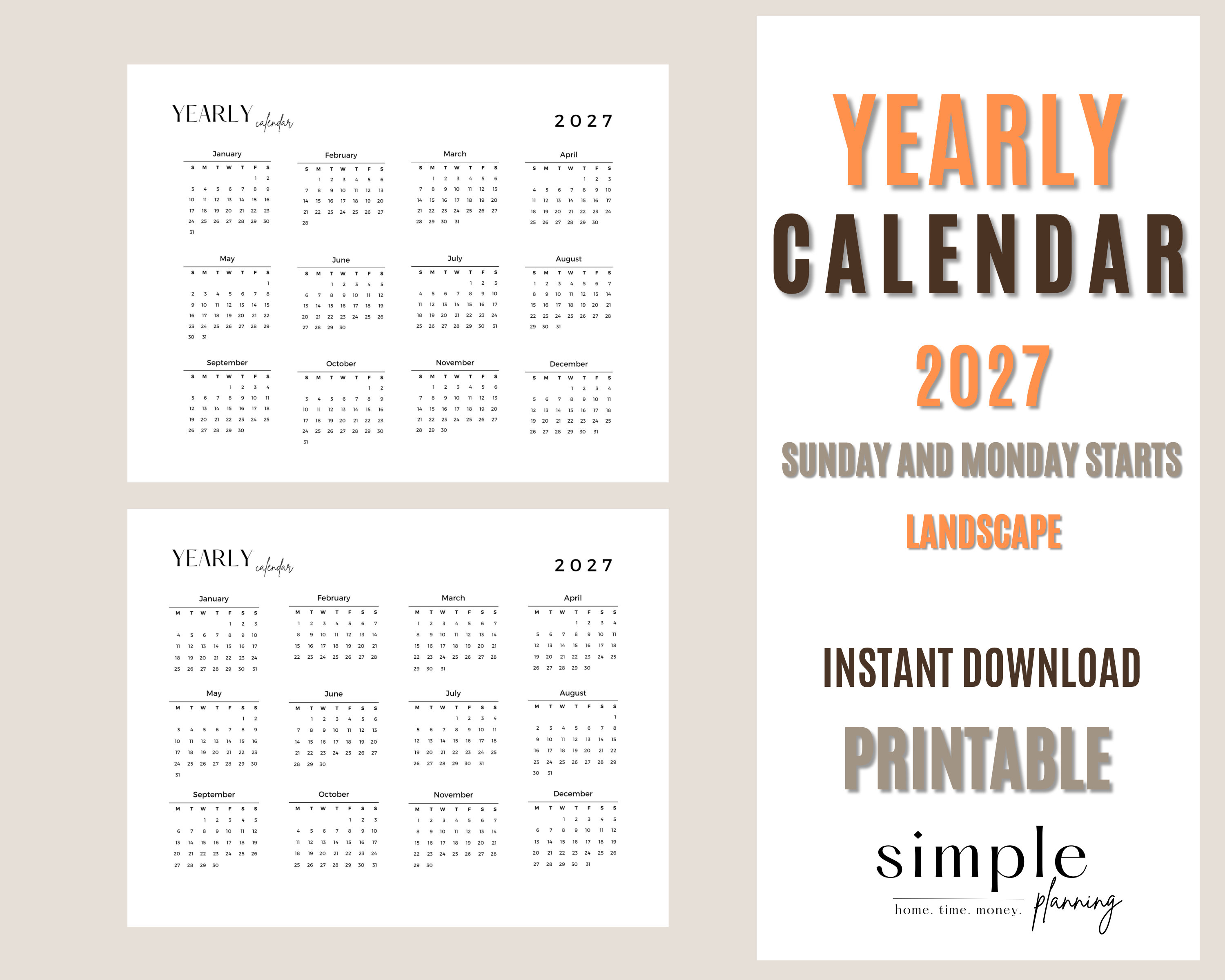 2027 Year Calendar Printable L Portrait and Landscape L Minimalist L ...