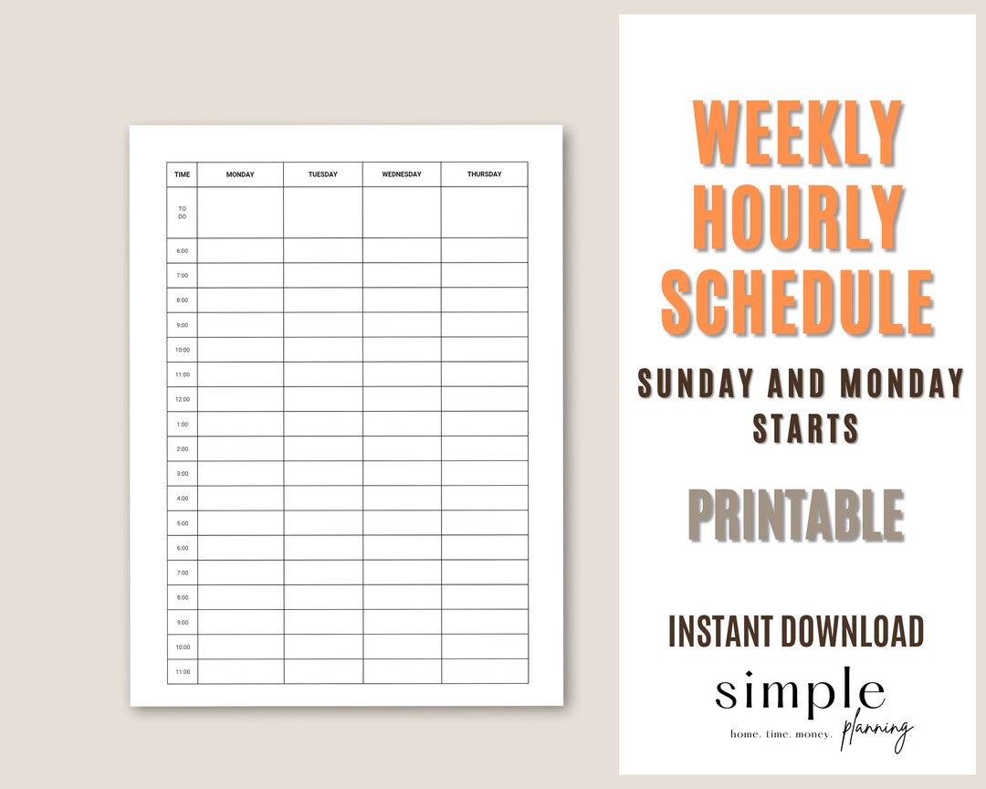 Undated Weekly Hourly Schedule L Two Pages Weekly Planner L Vertical ...