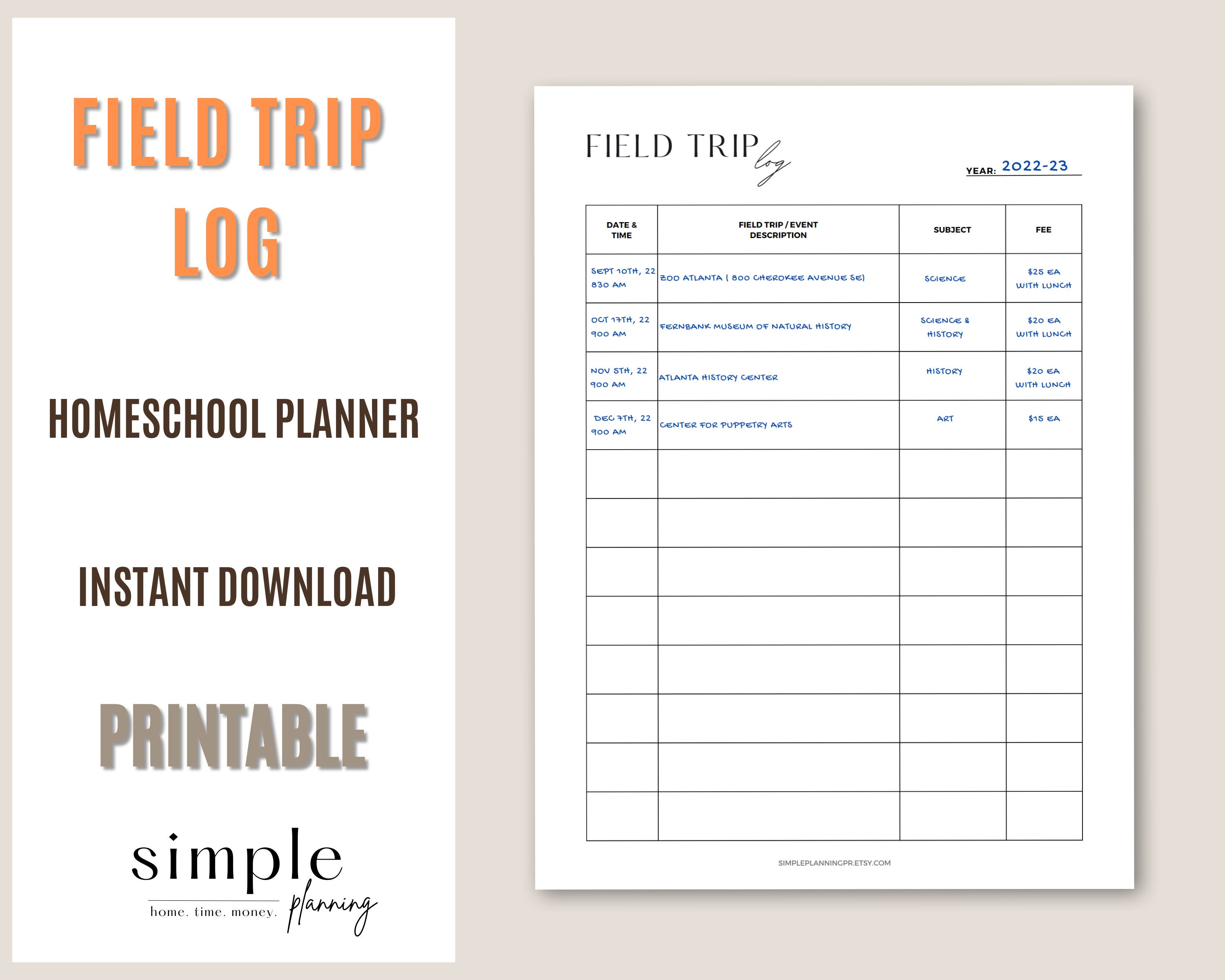Field Trip Log | Homeschool Planner | Field Trip Planner | Teacher ...