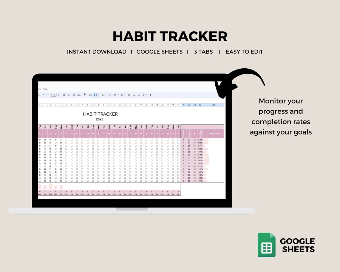 Habit Tracker Spreadsheet, Google Sheet Habit Tracker Template, Habit ...