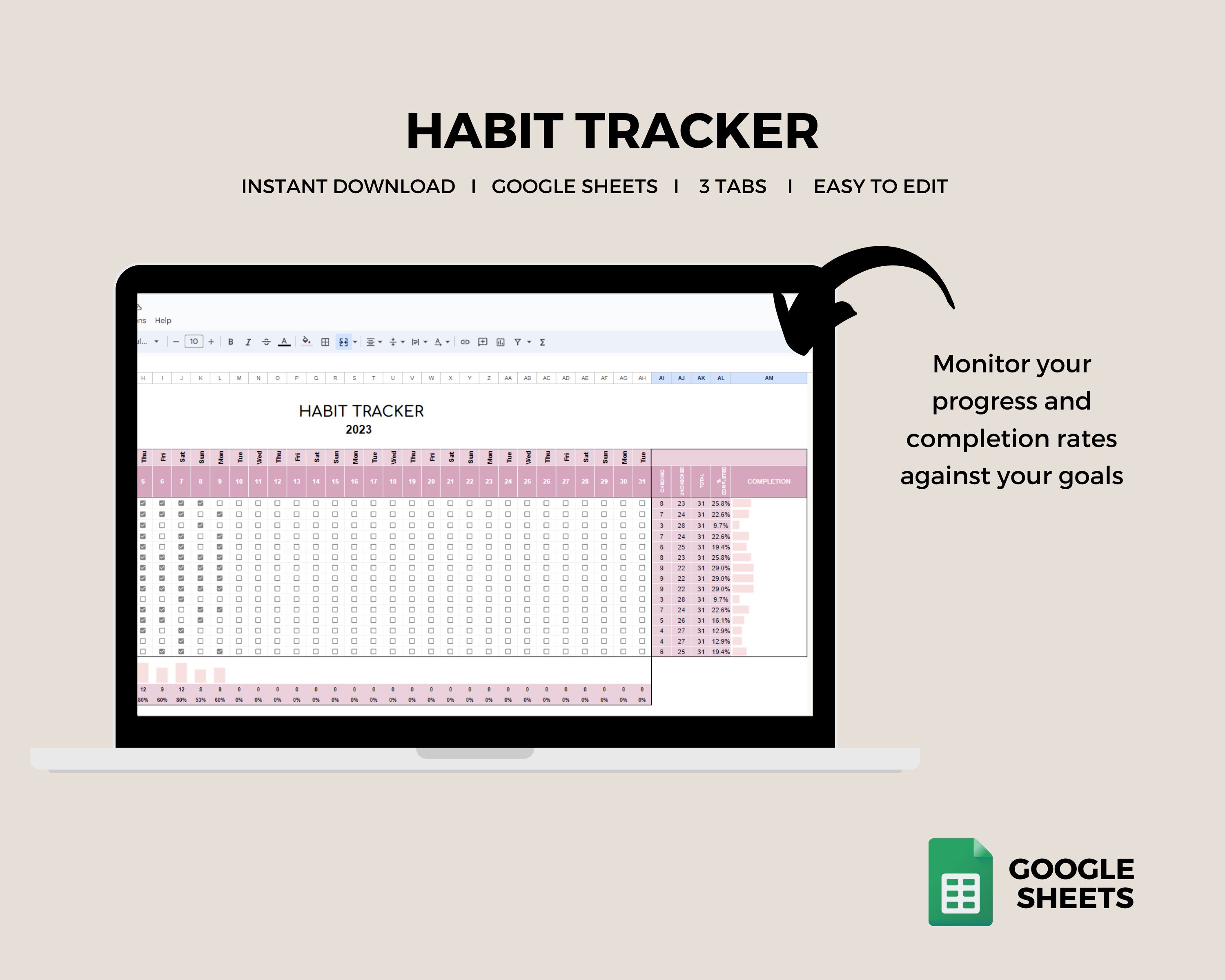 Habit Tracker Spreadsheet, Google Sheet Habit Tracker Template, Habit ...