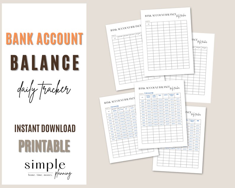 Bank Account Balance Daily Tracker | Checking and Savings Account ...