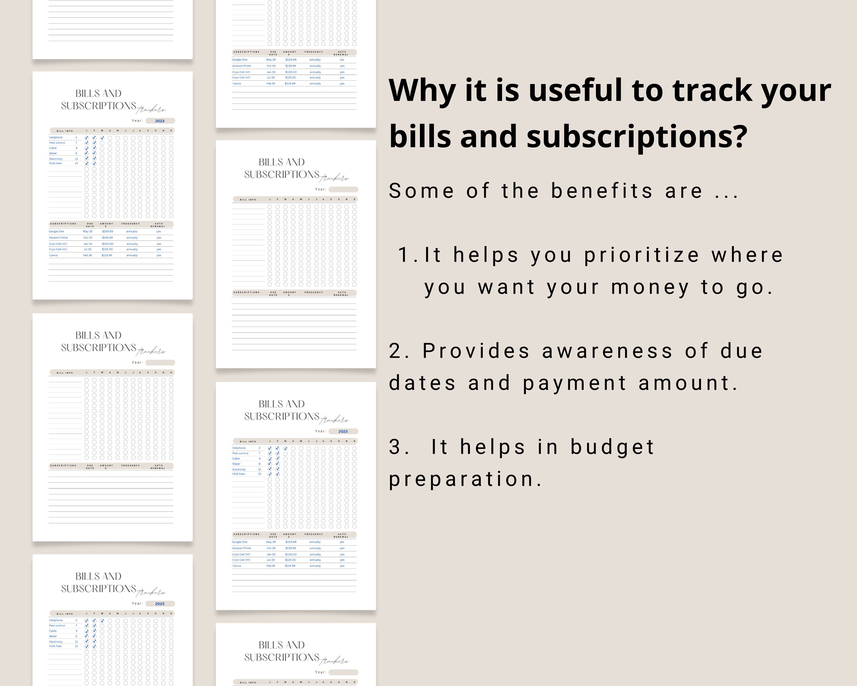 Bills & Subscriptions Tracker Printable Subscription Log Expense Tracker Spending Tracker ...