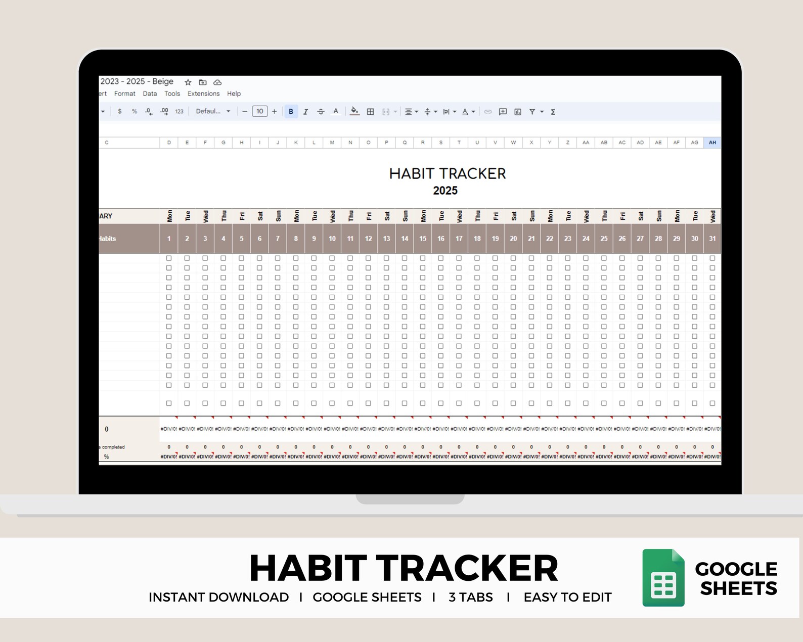 Habit Tracker Spreadsheet, Google Sheet Habit Tracker Template, Habit ...