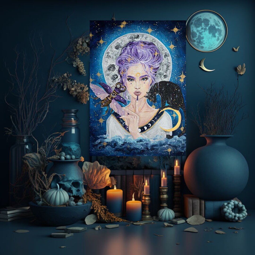 Selene Moon Goddess Printed A4 Poster Painting of Young Purple-haired ...