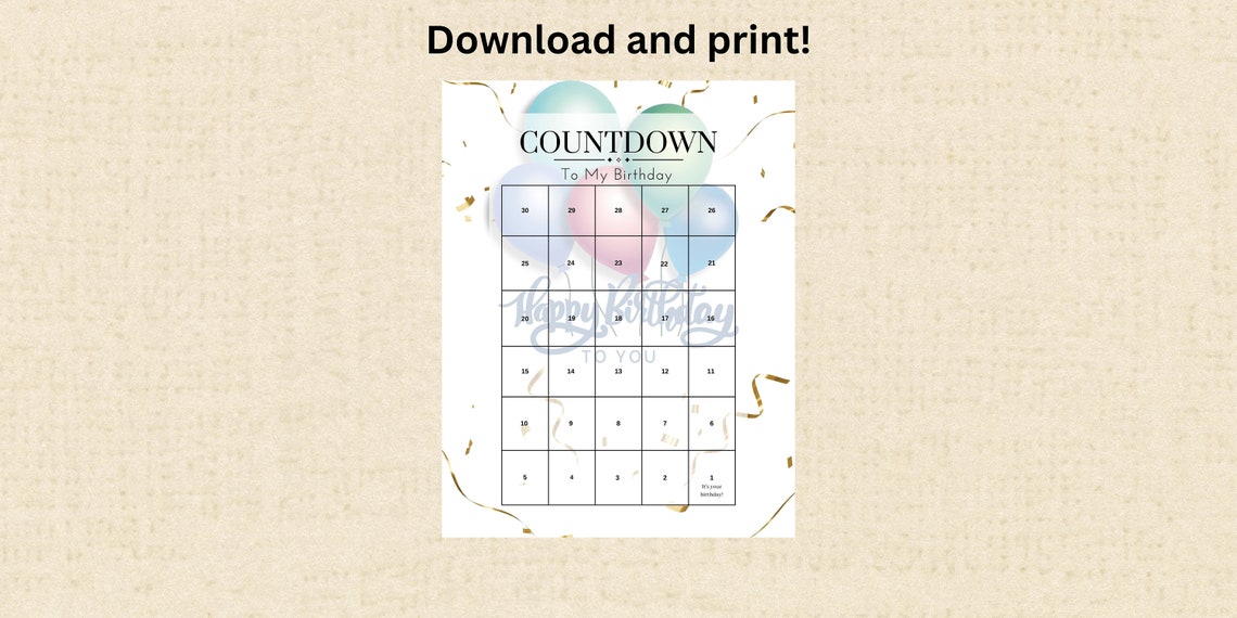 Birthday Countdown Calendar Instant Download Printable PDF, Milestone ...