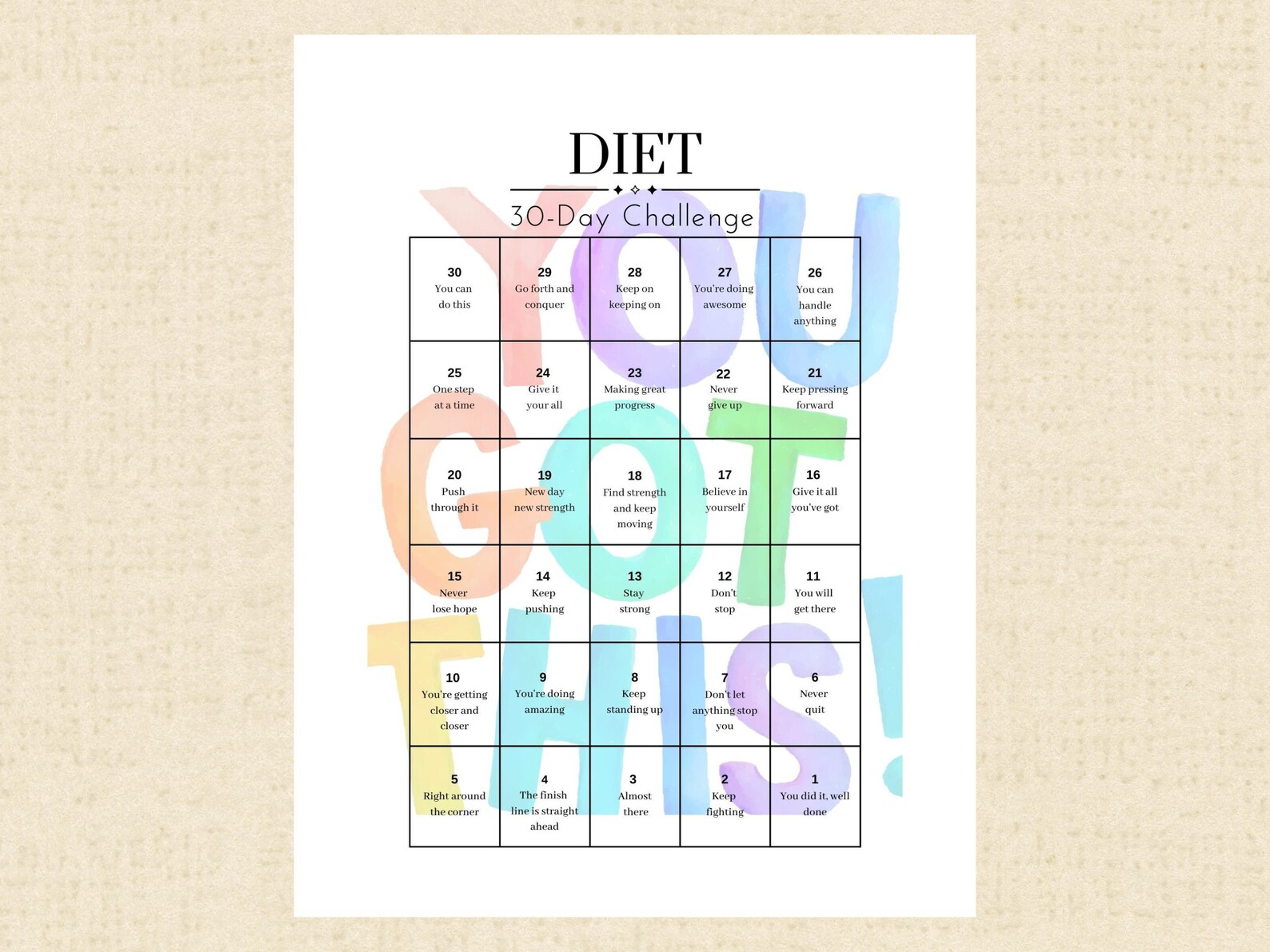 30-day Challenge Diet Countdown Calendar Printable - Daily Affirmations ...