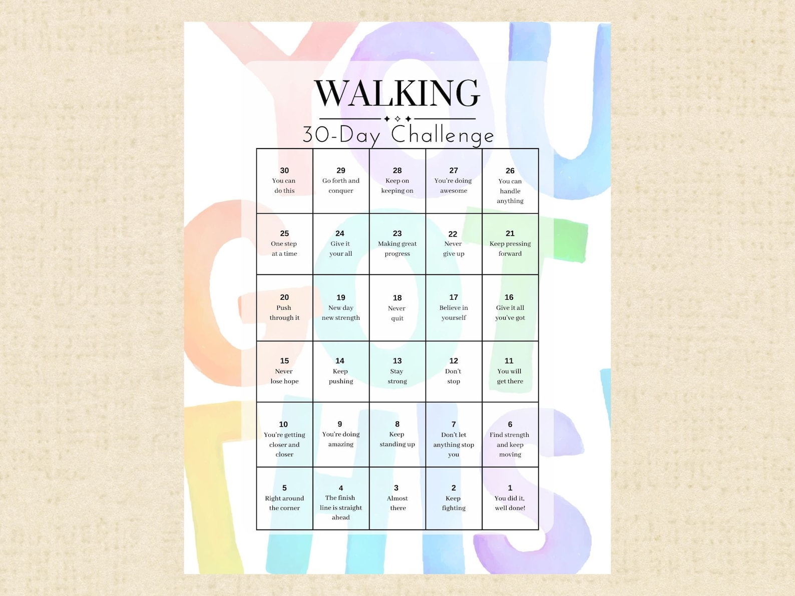 30-day Walking Challenge Countdown Calendar Printable, Walking for ...