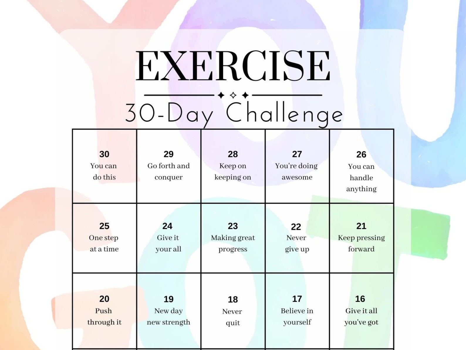 30-day Exercise Challenge Countdown Calendar Printable, Exercise ...