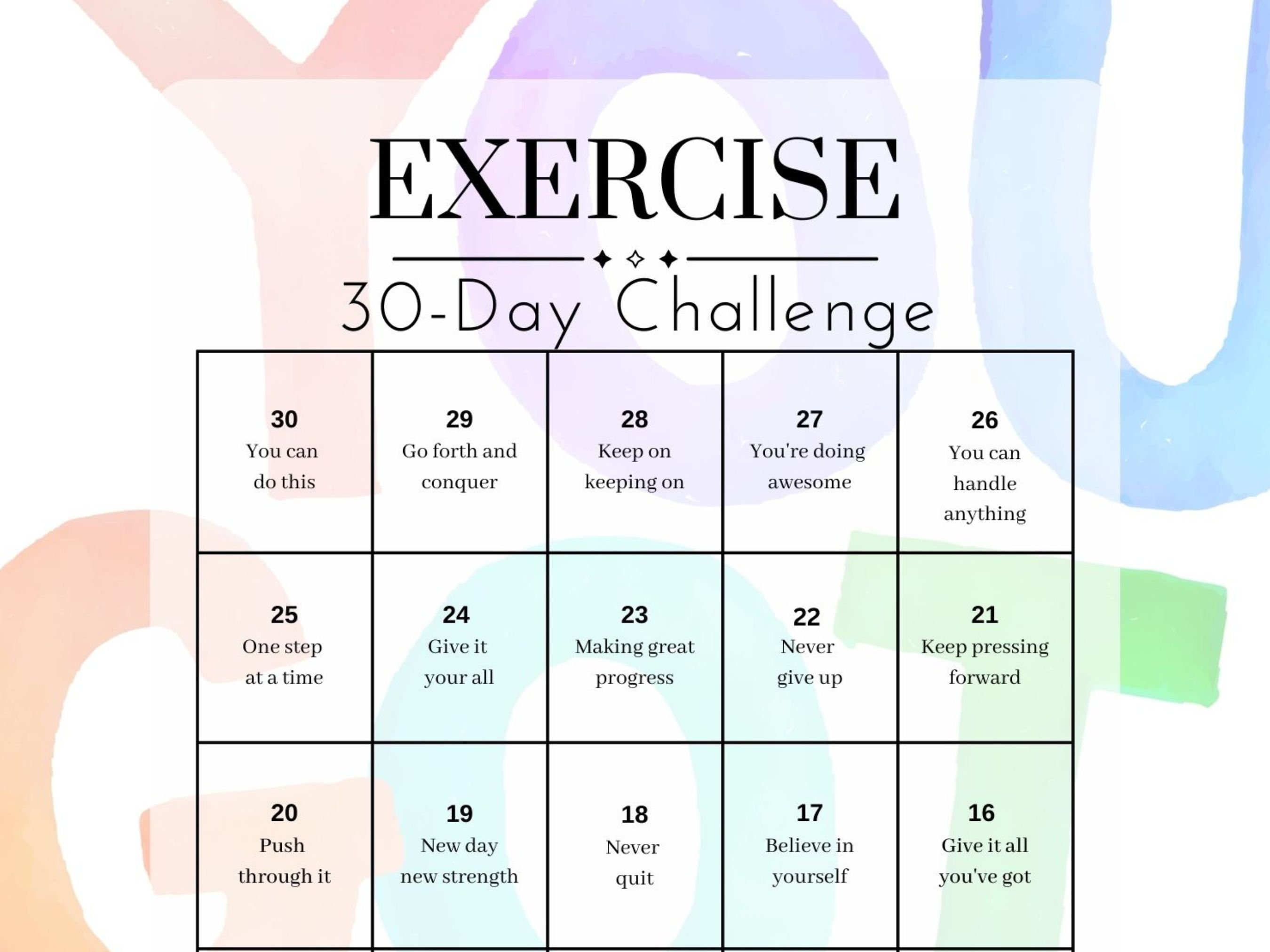 30-day Exercise Challenge Countdown Calendar Printable, Exercise ...